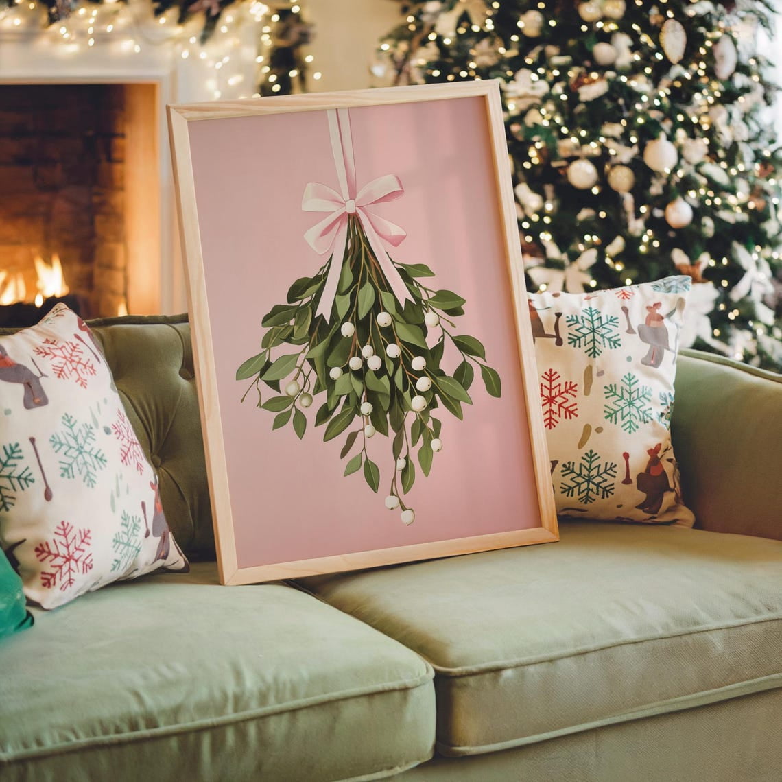 Coquette Mistletoe Print, Girly Pink Christmas Wall Art Mistletoe Art ...