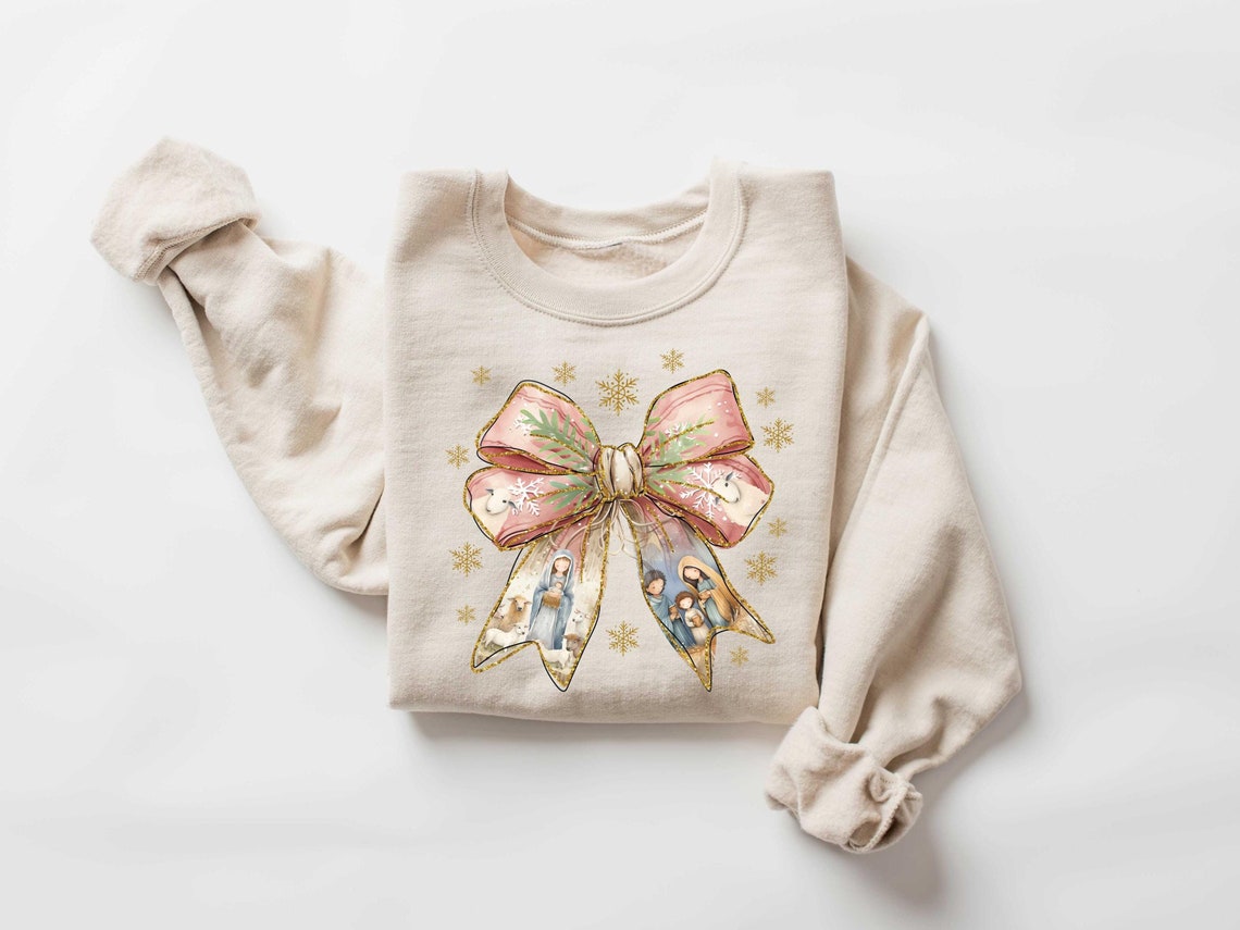 Coquette Nativity Scene Sweatshirt, Coquette Bow Jesus Shirt, Nativity ...
