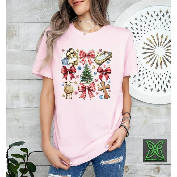 Coquette Nativity Winter Holiday Women Shirt, Jesus Nativity Bow Winter ...