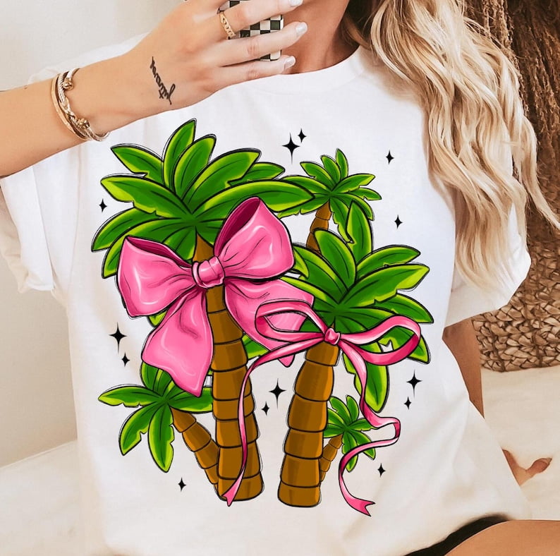 Coquette Palm Bow Shirt, Beach Shirt, Summer Coastal Shirt, Girly Ocean Design Shirt, Popular ...