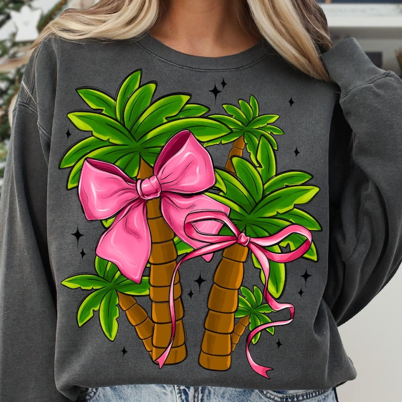 Coquette Palm Bow Sweatshirt, Beach Summer Shirt, Coastal Girly Ocean Sweatshirt, Sublimation ...