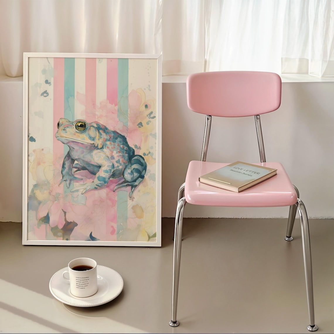 Coquette Pastel Frog Art Print – Cottagecore Wall Decor With Flowers ...