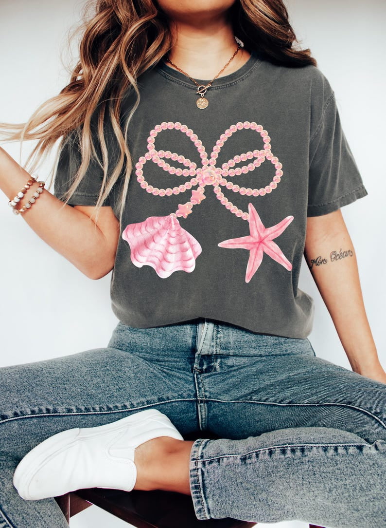 Coquette Pearl Bow Shirt, Summer Vibes Shirt, Pink Clam Shirt, Summer ...