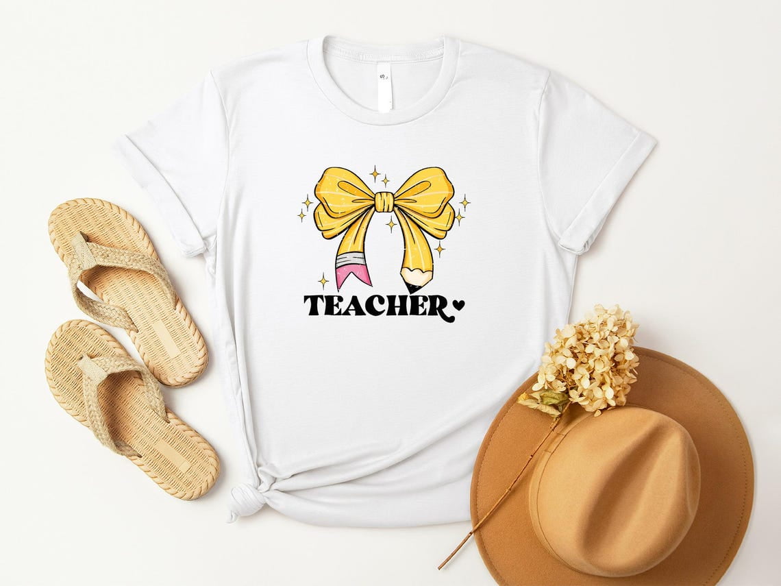 Coquette Pencil Bow Back to School Teacher Tee, Cute Teacher Coquette ...