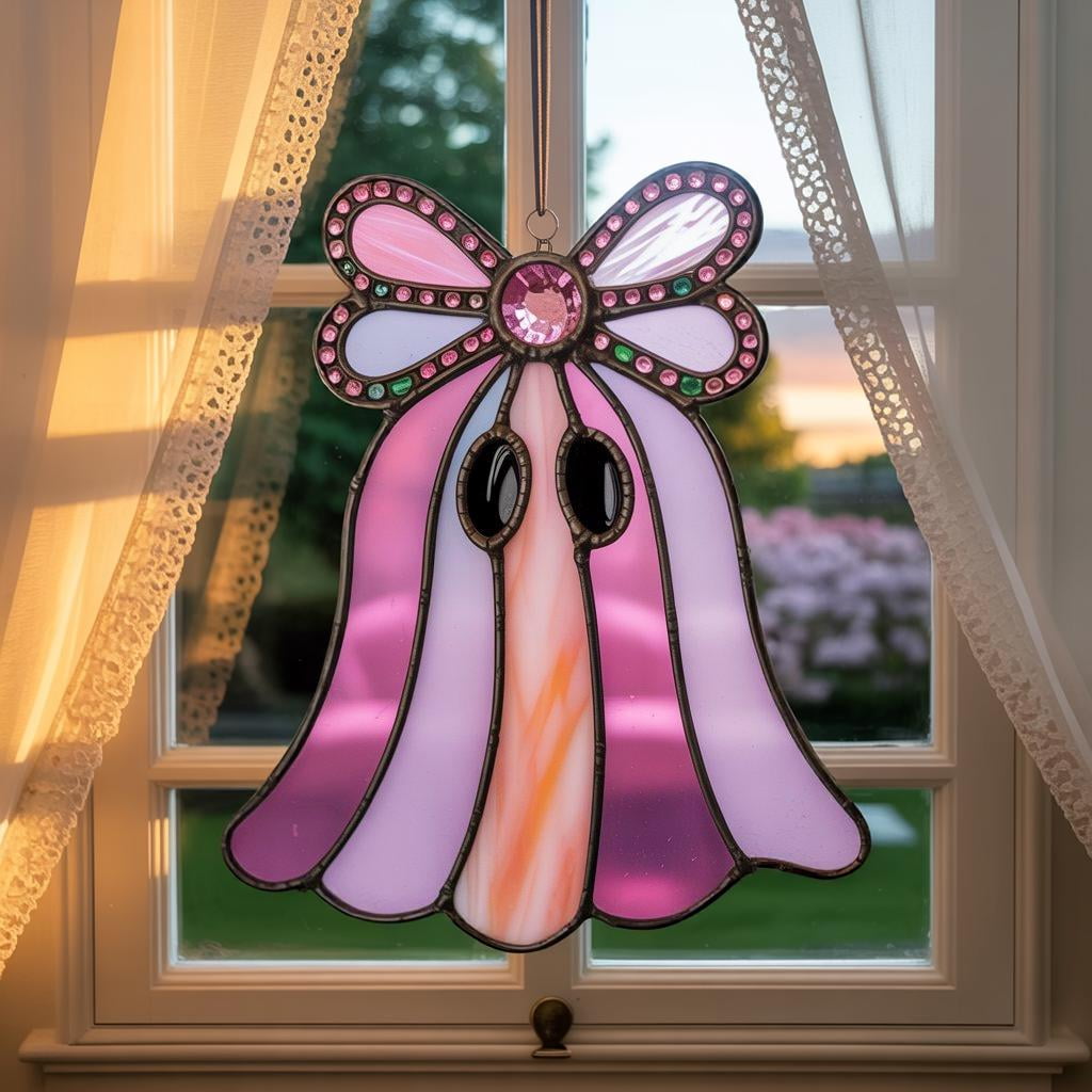 Coquette Pink Bow Ghost Acrylic Suncatcher Preppy Halloween Faux ...