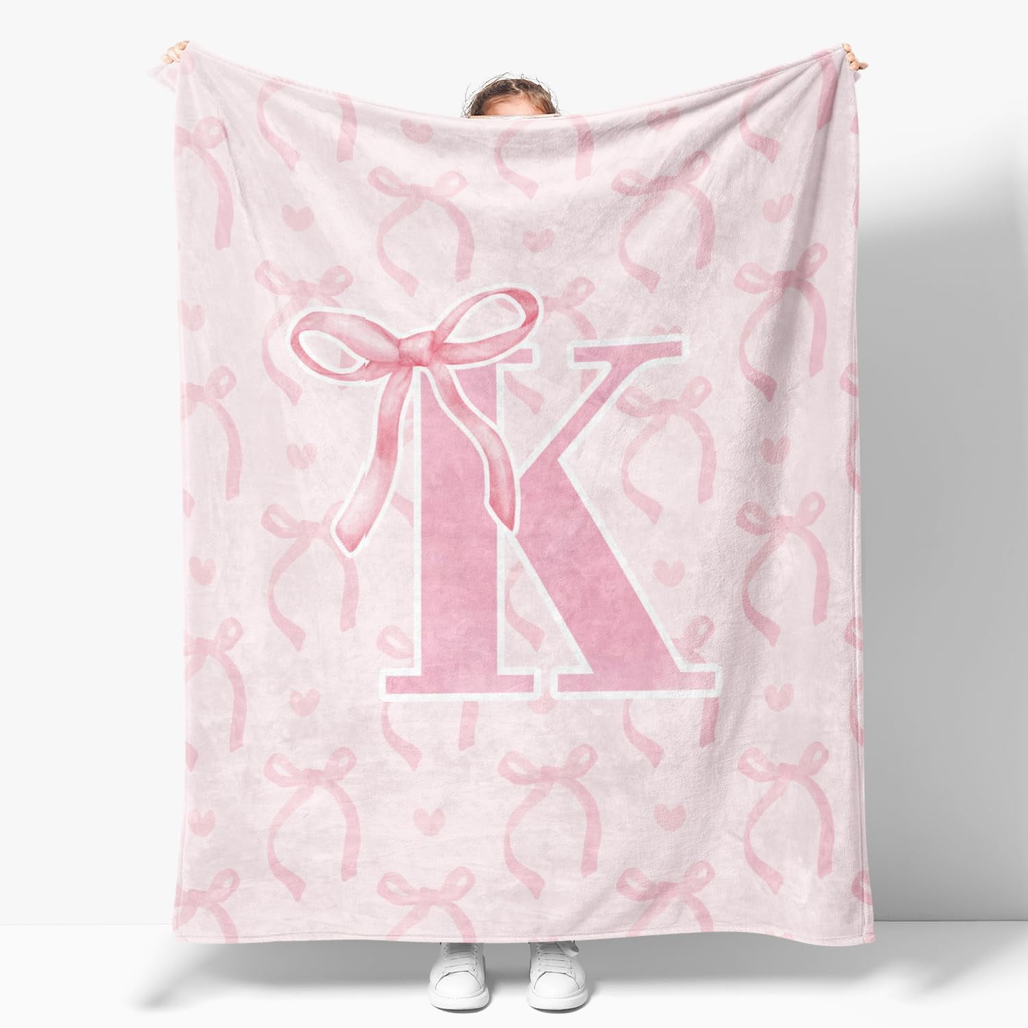 Coquette Pink Bow Throw Blanket, Personalized Initial Alphabet Fluffy ...