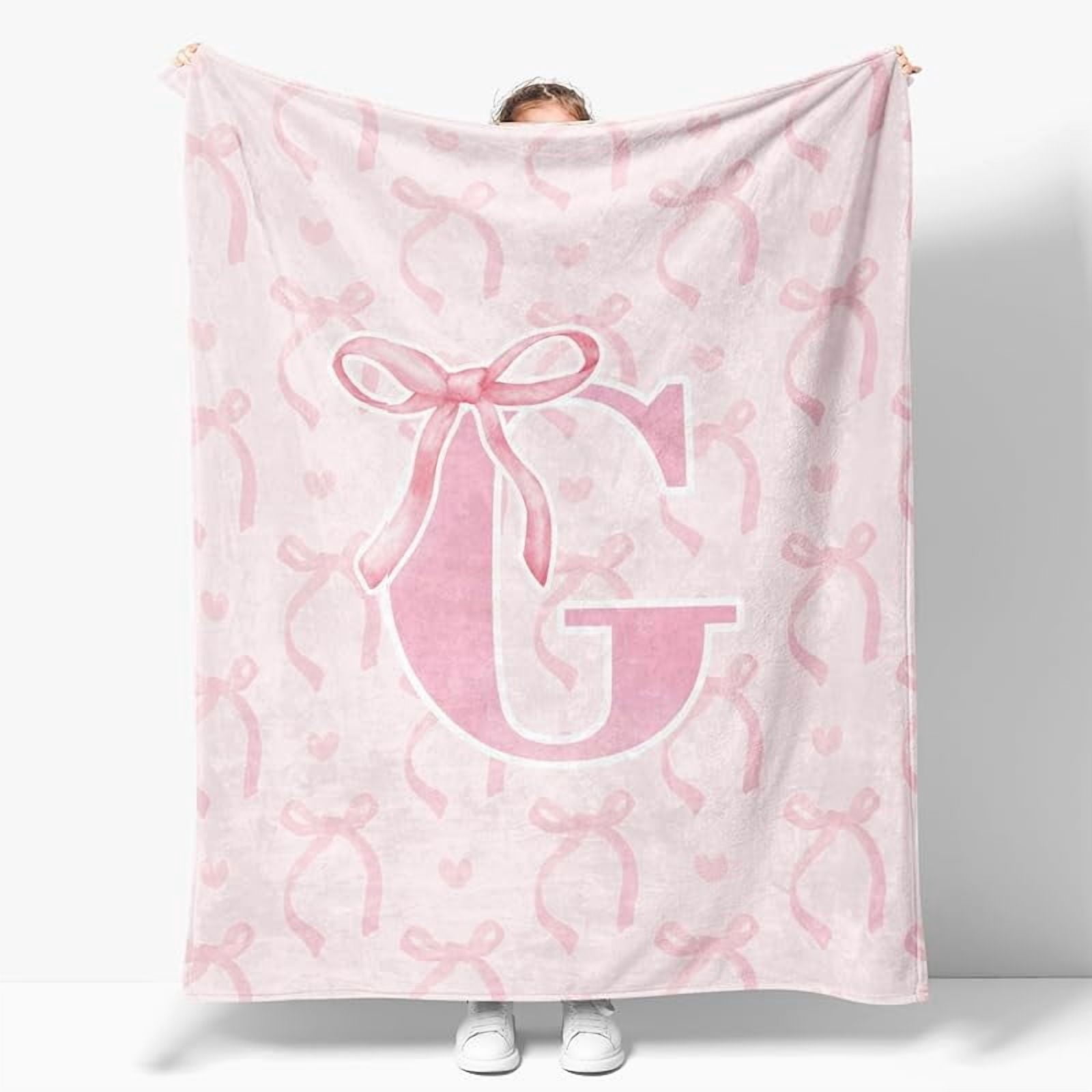 Coquette Pink Bow Throw Blanket,Personalized Initial L Soft Fluffy Cozy ...