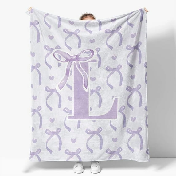 Coquette Pink Bow Throw Blanket,Personalized Initial L Soft Fluffy Cozy ...