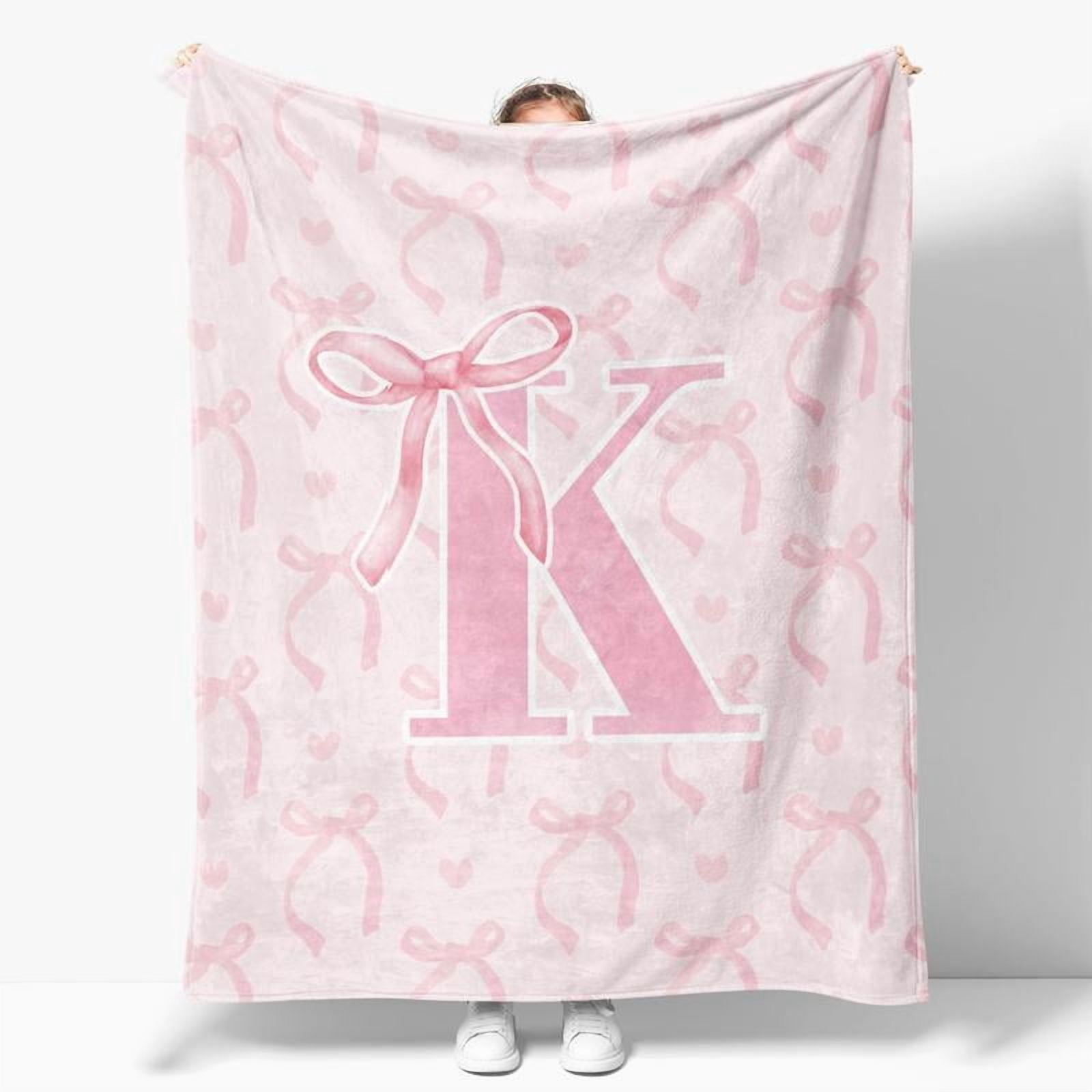 Coquette Pink Bow Throw Blanket, Personalized Initial S Fluffy Flannel ...