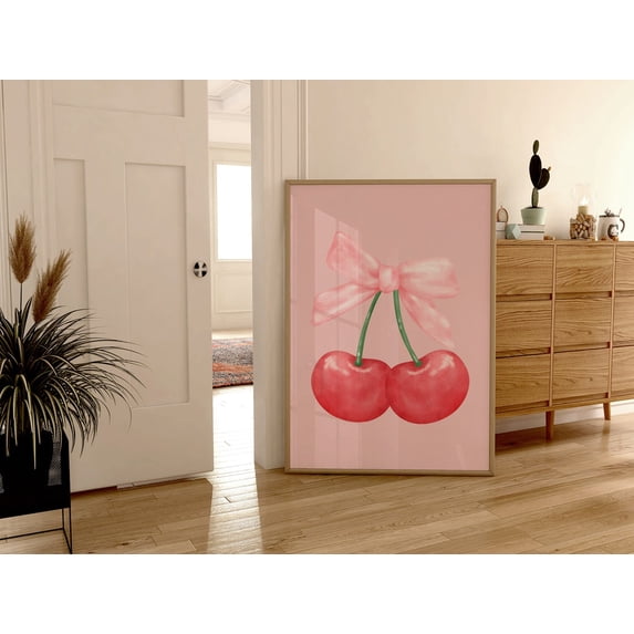 Coquette Pink Bow and Cherry Wall Art Soft Girl Decor, Unframed Paper ...