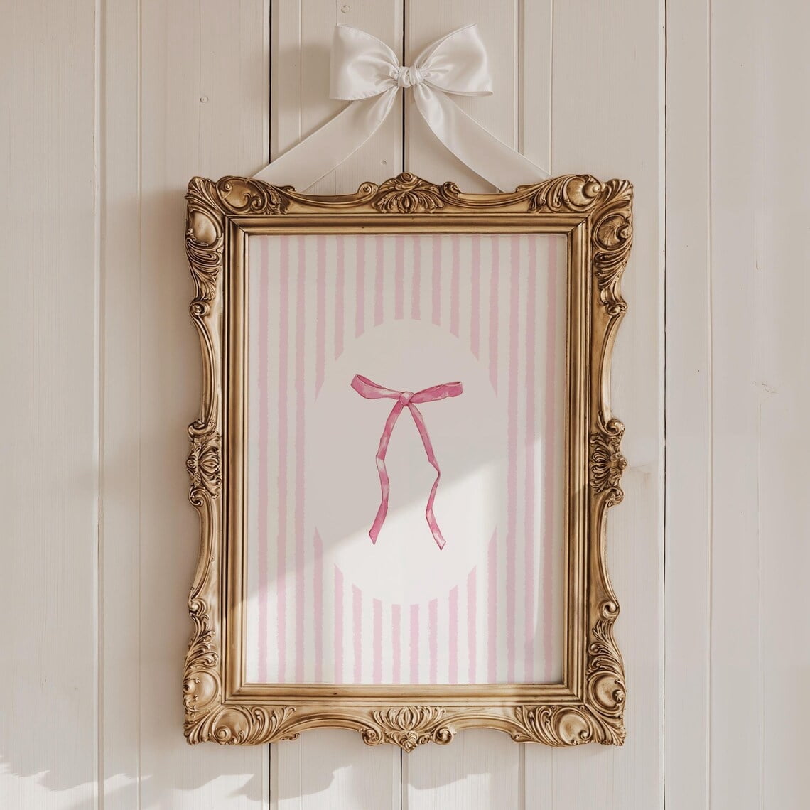 Coquette Pink Ribbon Wall Art, Vintage Nursery Striped Print, Elegant ...