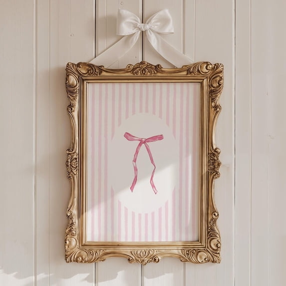 Coquette Pink Ribbon Wall Art, Vintage Nursery Striped Print, Elegant ...