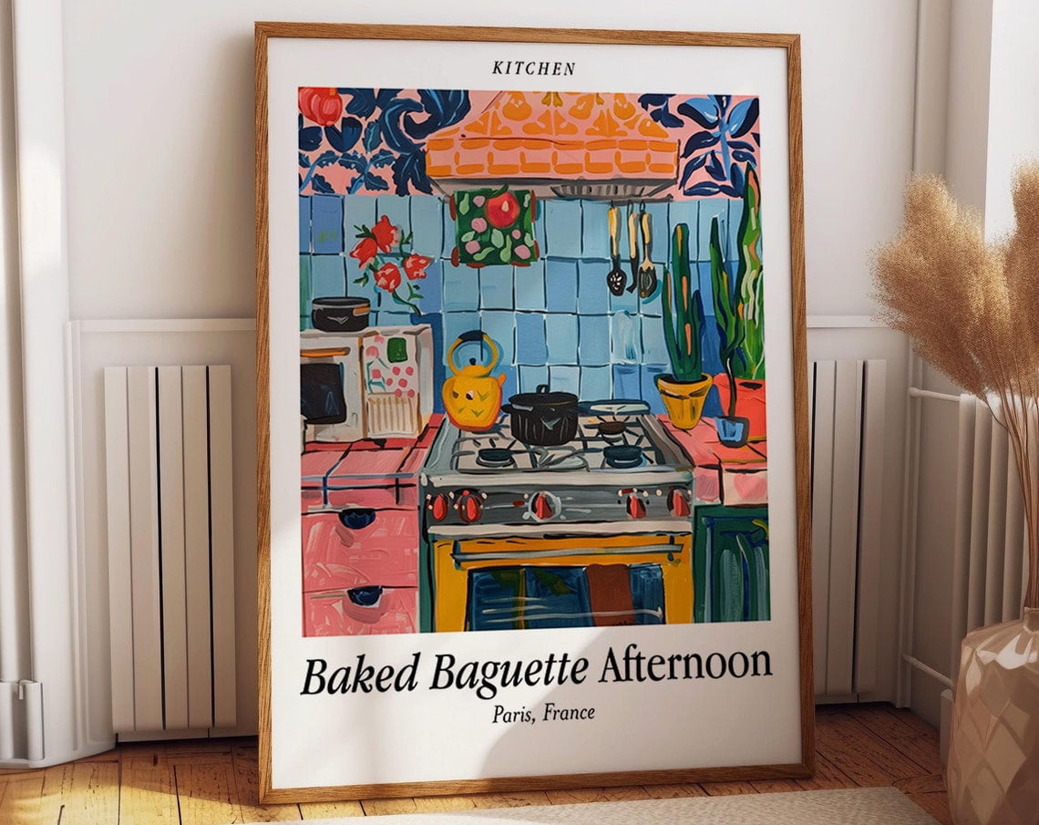Vibrant Kitchen Poster - Baked Baguette Afternoon Illustration - Henri ...