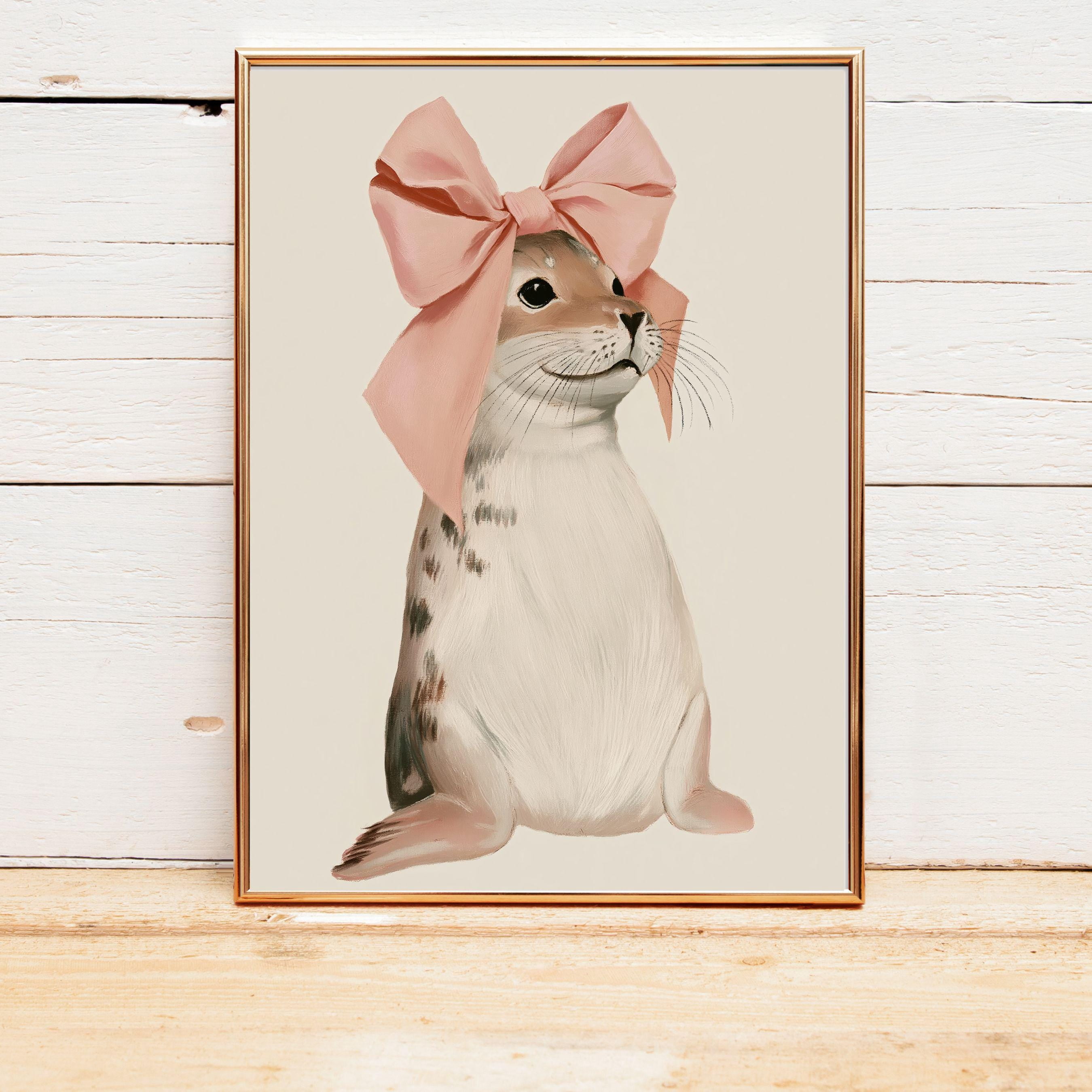 Coquette Room Decor Seal With Pink Bow Wall Art Print Girly Home Decor ...