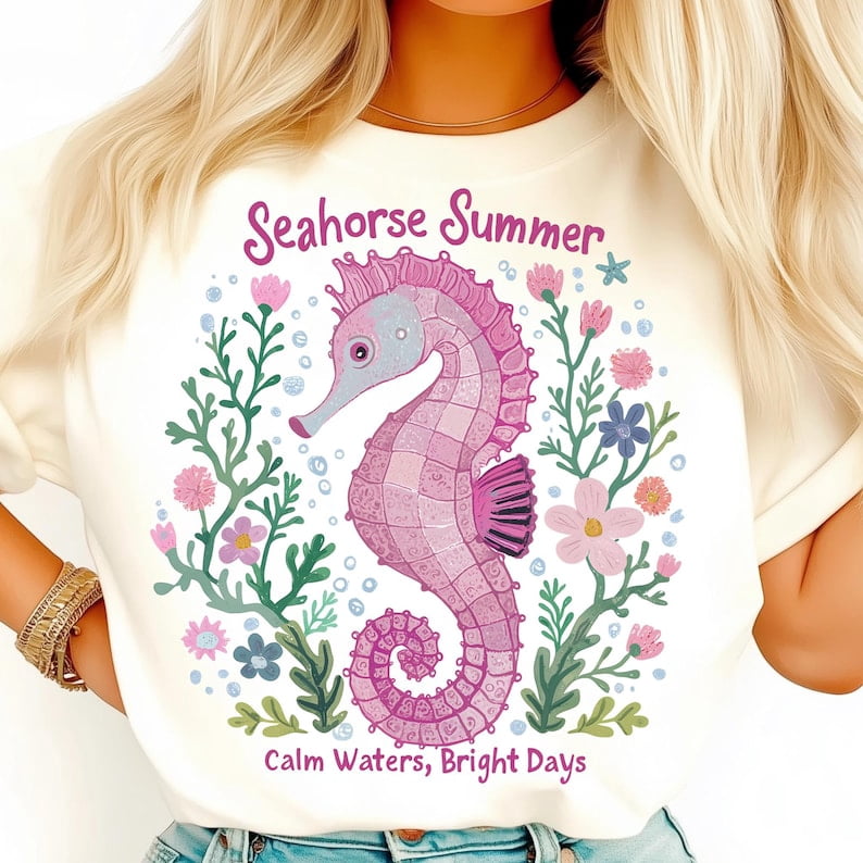 Coquette Seahorse T-Shirt | Pastel Floral Ocean Tee | Cute Nautical ...