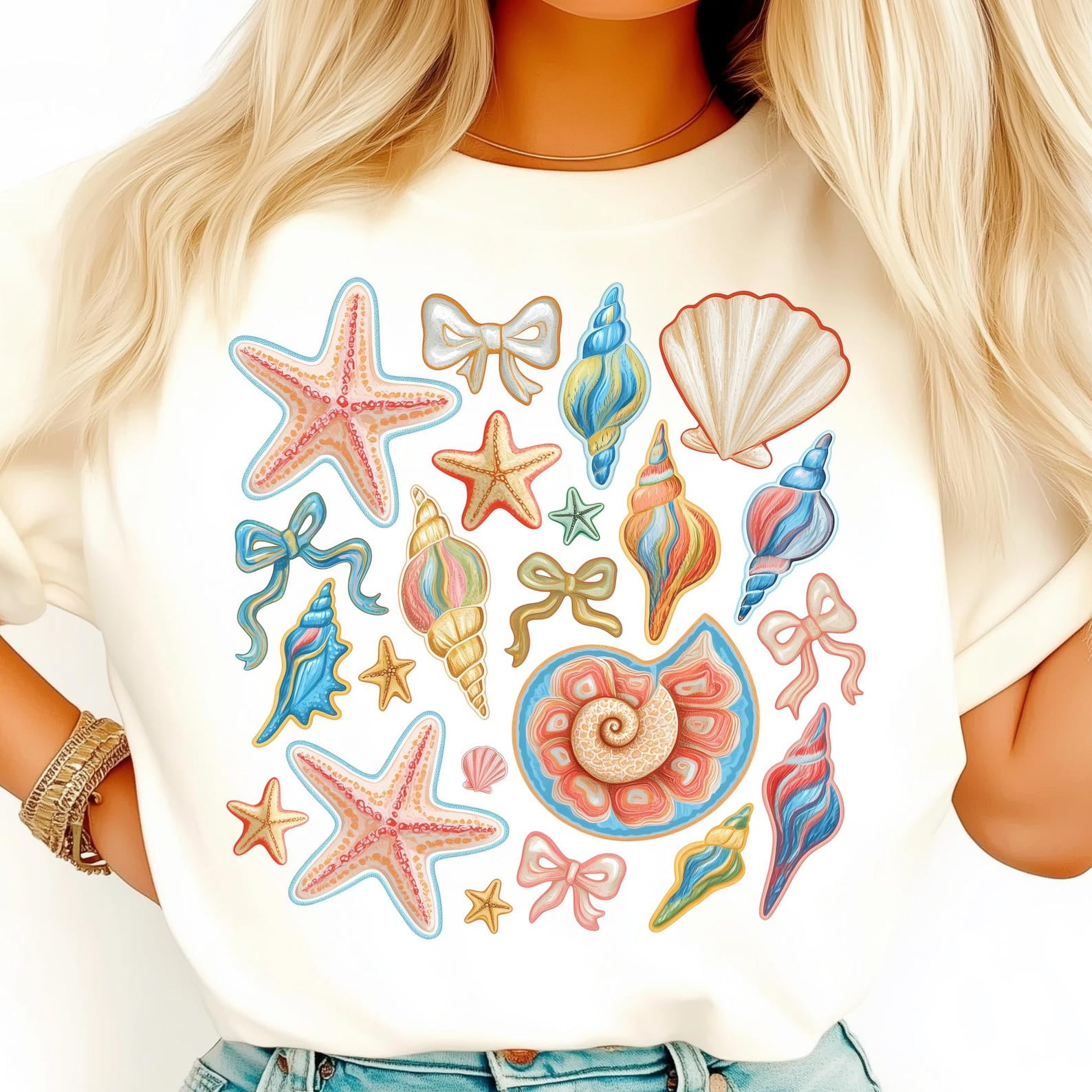 Coquette Seashell Bow Shirt, Beach Starfish Shirt, Pastel Nautical ...
