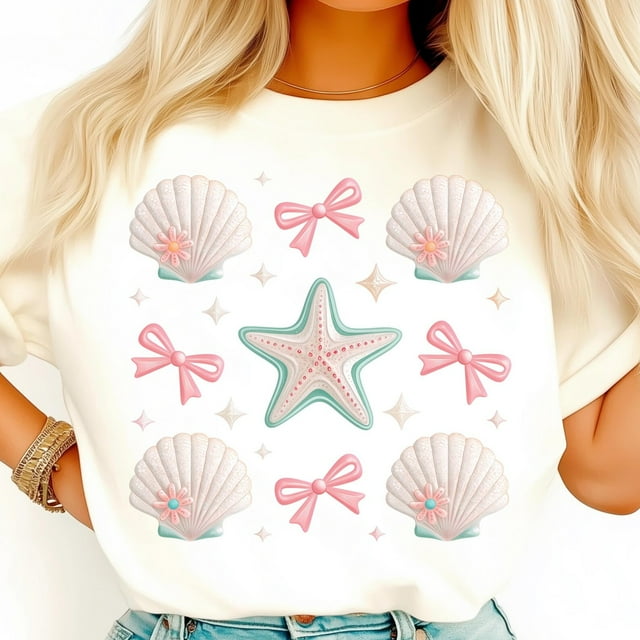 Coquette Seashell Bow Shirt, Preppy Starfish Mermaidcore Shirt, Coastal ...