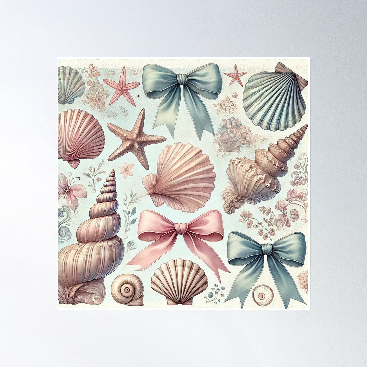 Coquette Seashell Retro Summer Coastal Watercolor Poster Wall Art ...