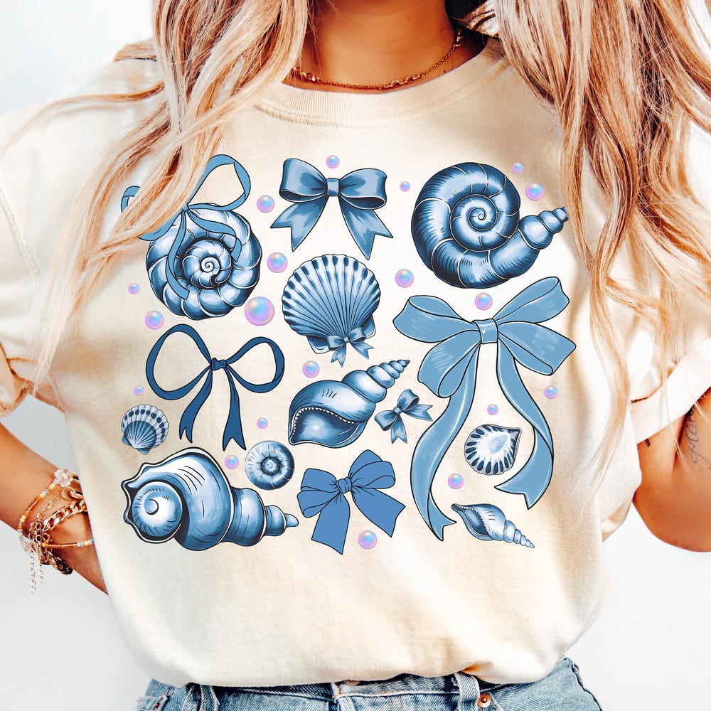 Coquette Seashell Shirt, Coquette Beach Aesthetic, Blue Seashell Design ...