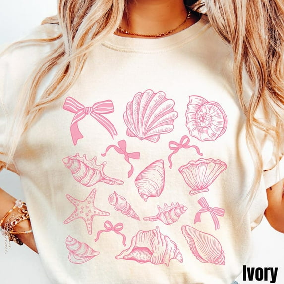Coquette Seashell Shirt, Trendy Girly Pink Bows Shirt, Coastal Aesthetic Tee, Ocean Lover Gift ...