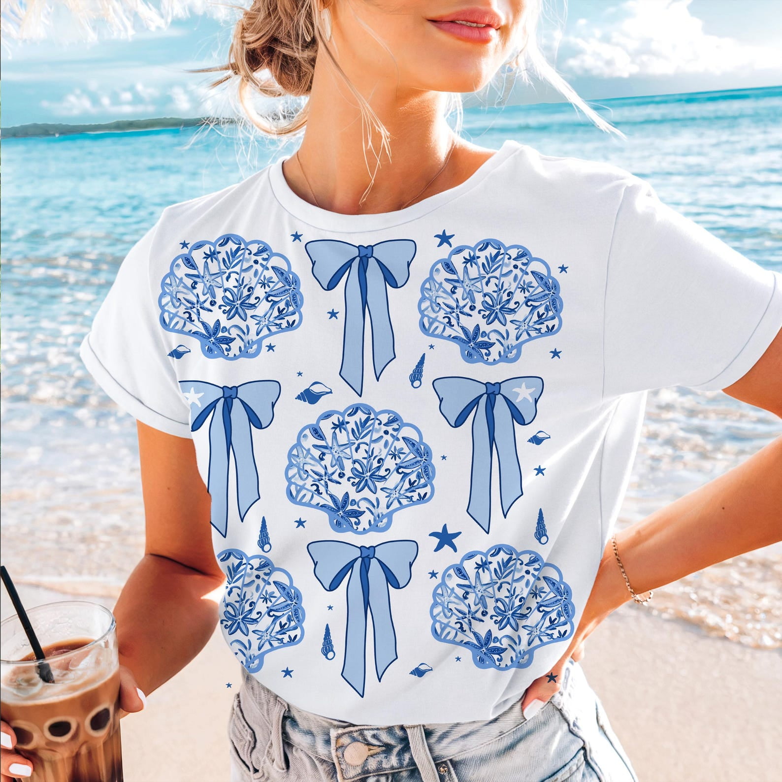 Coquette Seashell T-Shirt, Coastal Summer Beach Vibes Tee, Retro Girls ...