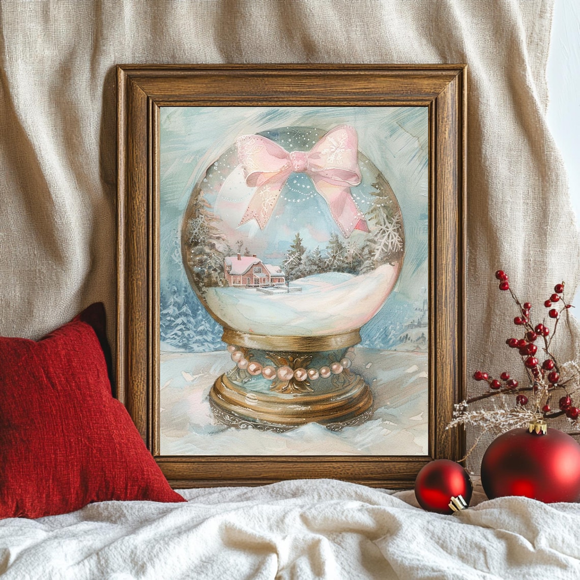Coquette Snow Globe Print Pink Bow Vintage Poster Decor, Stretched ...