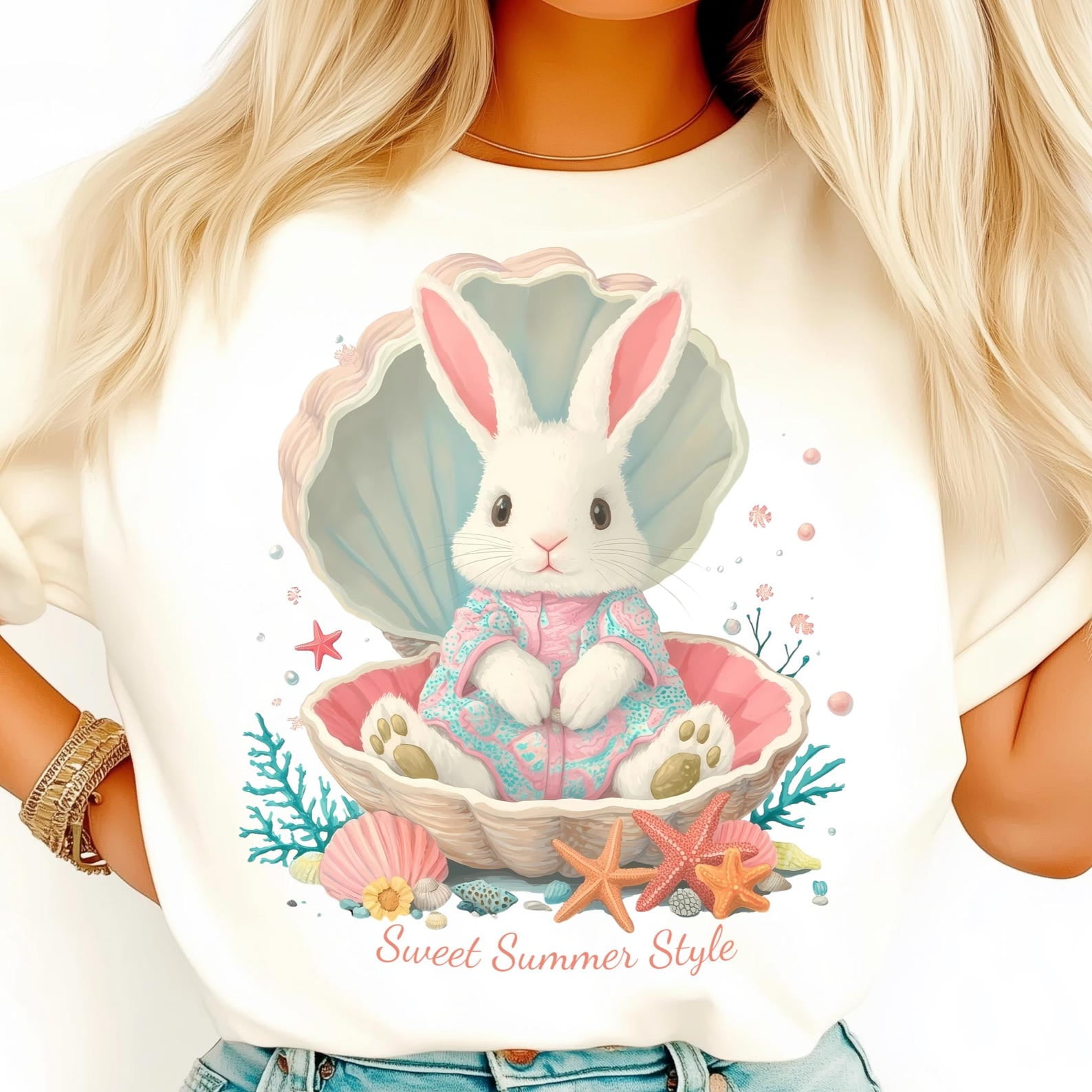 Coquette Sweet Summer Bunny Shirt, Seashell Beach Rabbit Shirt, Pastel ...