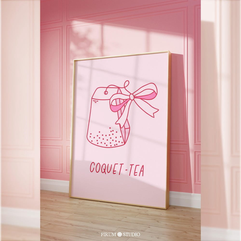 Coquette Tea Print Pink Wall Art Cute Bow Art Print Pink Kitchen Wall ...