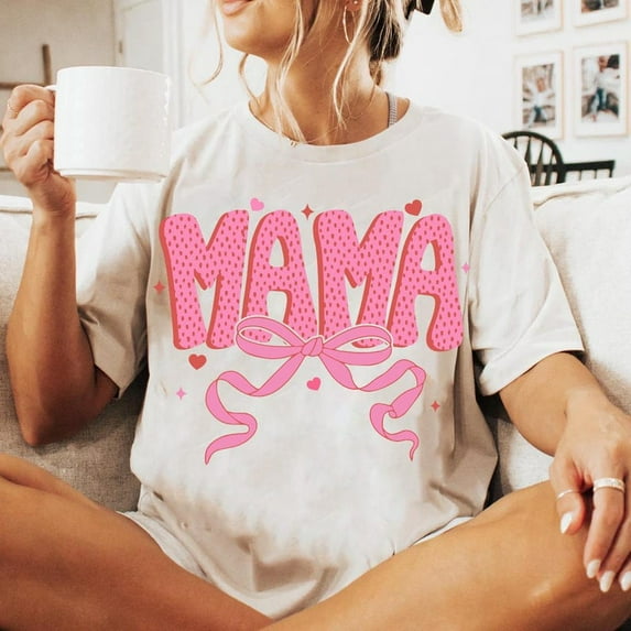 Coquette V-Day Mama Shirt, Pink Bow Mama Text, Retro V-Day Tee Shirt ...