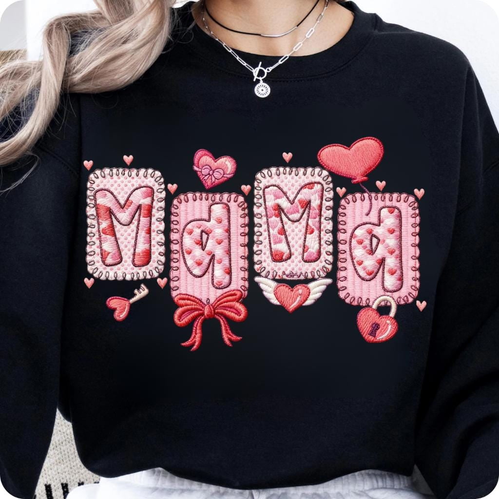 Coquette Valentine Mama , Retro Pink Bow Embroidery-Style Design ...