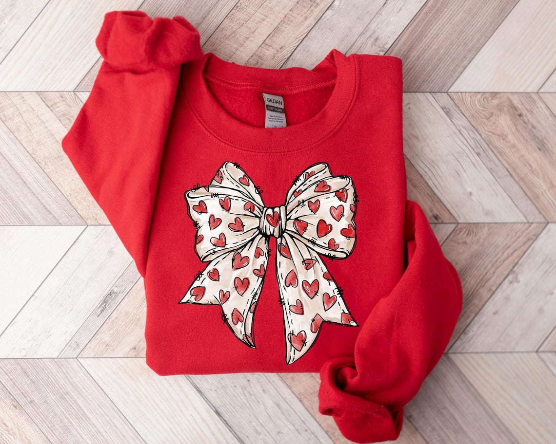 Coquette Valentine's Day Heart Bow Sweatshirt, Retro Valentine Shirt ...