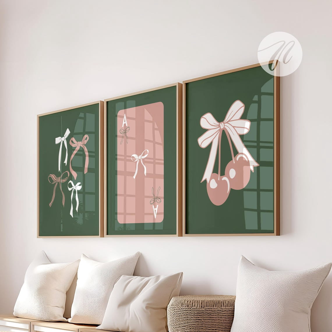 Coquette Wall Art Bows Print Playing Card Art Cherry Decor Set 3 ...