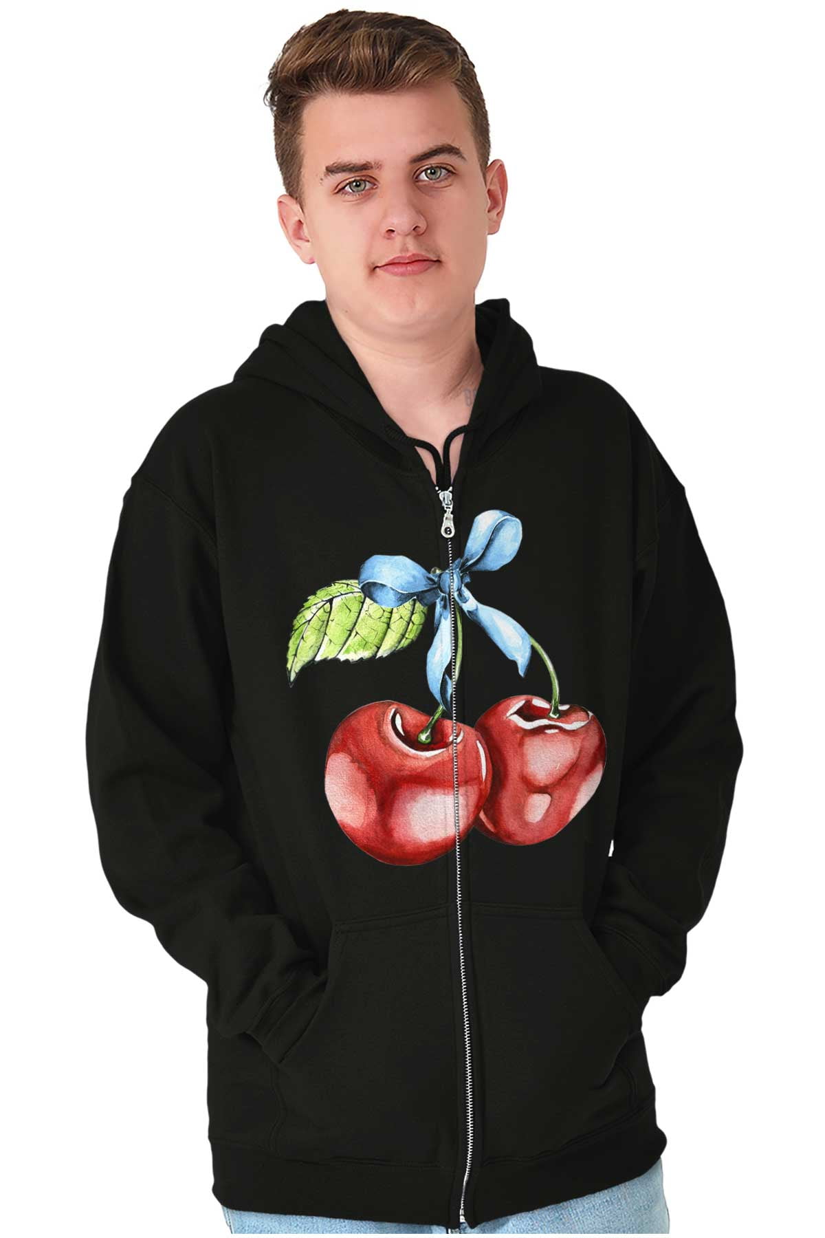 Coquette Watercolor Cherries with Bow Zip Up Hoodie Men's Women's ...