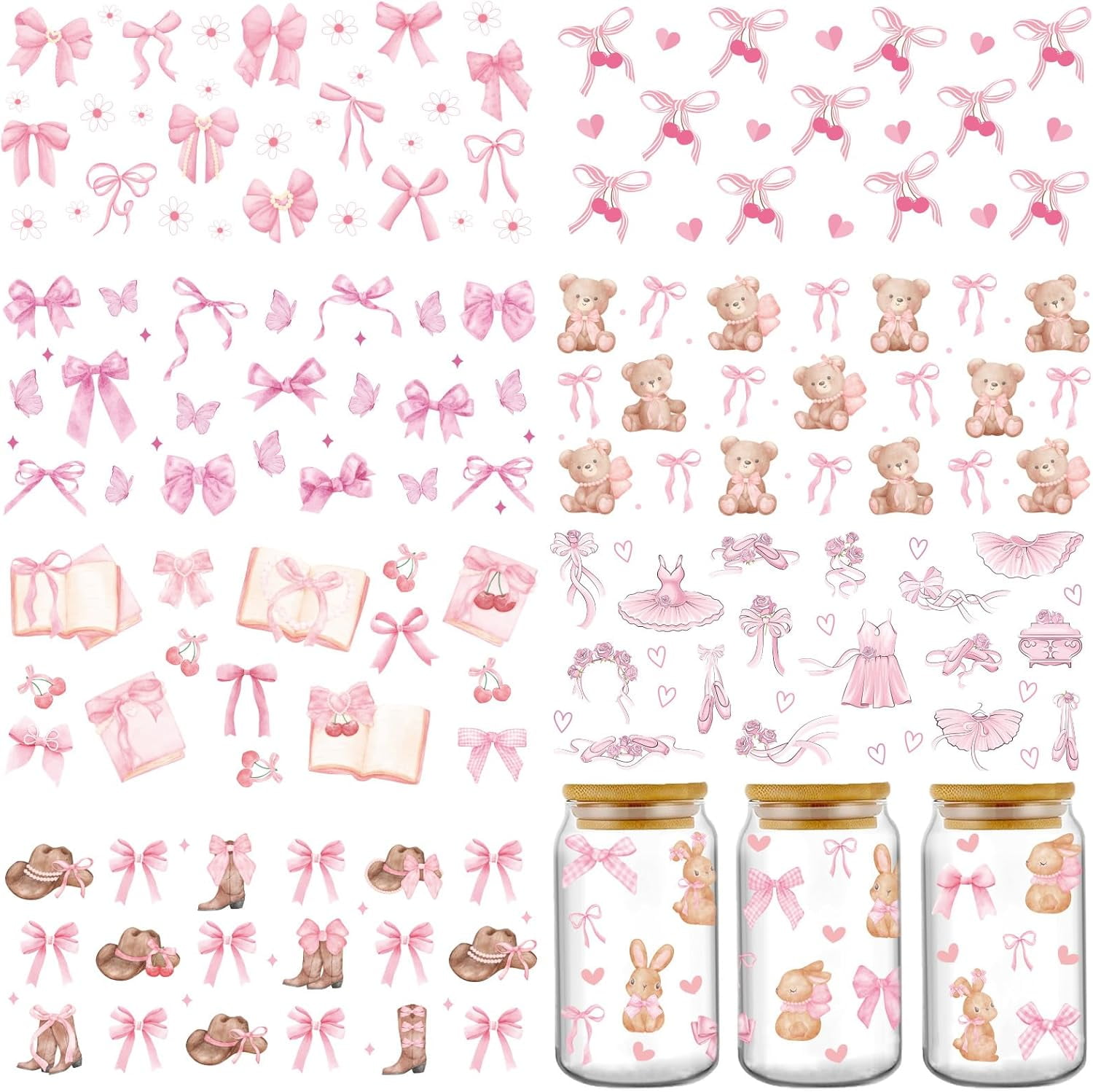 Coquettte Bows UV DTF Decals - 8 Sheets Pink Bow Cherry Uvdtf Cup Wraps ...