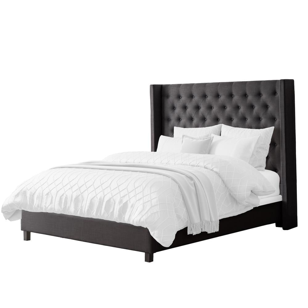 CorLiving Fairfield Fabric Tufted Wingback Queen Bed with Slats in Dark ...
