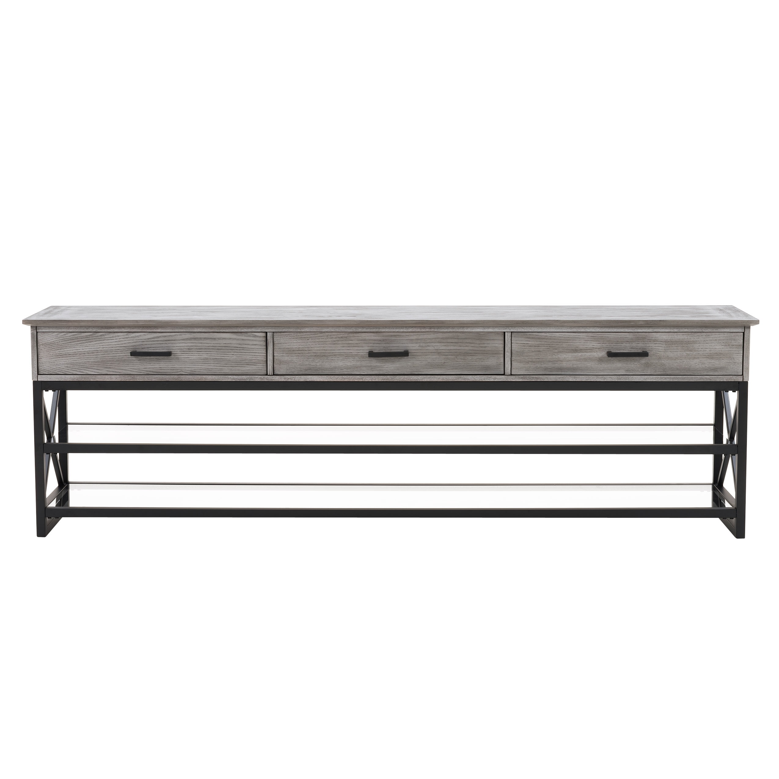 CorLiving Oak Wood Veneer TV Bench with Glass Shelves for TVs up to 90 ...
