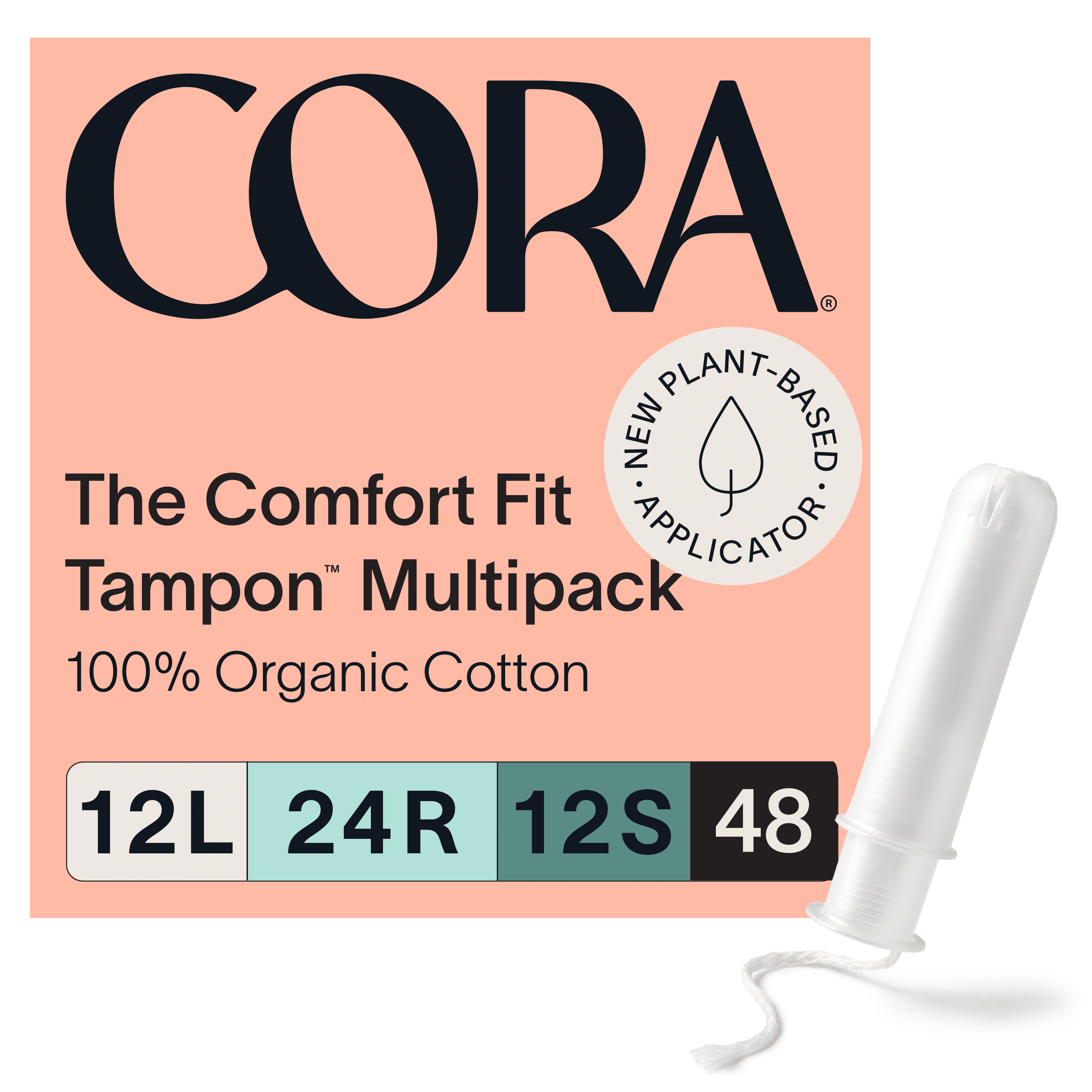 Cora Compact Applicator Tampons, 100% Organic Cotton, 12 Light/24 ...