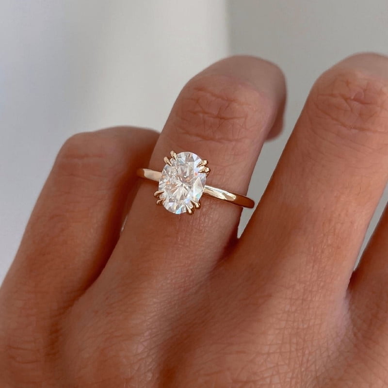 Cora Jewellery 3CT Double Prong Oval Moissanite Hidden Halo Engagement Ring For Women, 10K Rose ...