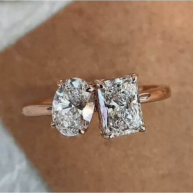Cora jewellery Oval and Radiant Cut Toi et Moi Moissanite Engagement Ring For Women, 10K Rose ...