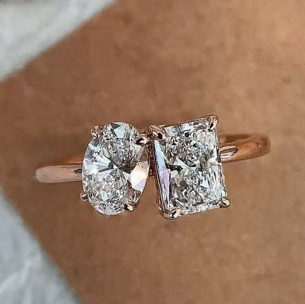 Cora jewellery Oval and Radiant Cut Toi et Moi Moissanite Engagement Ring For Women, 18K White ...