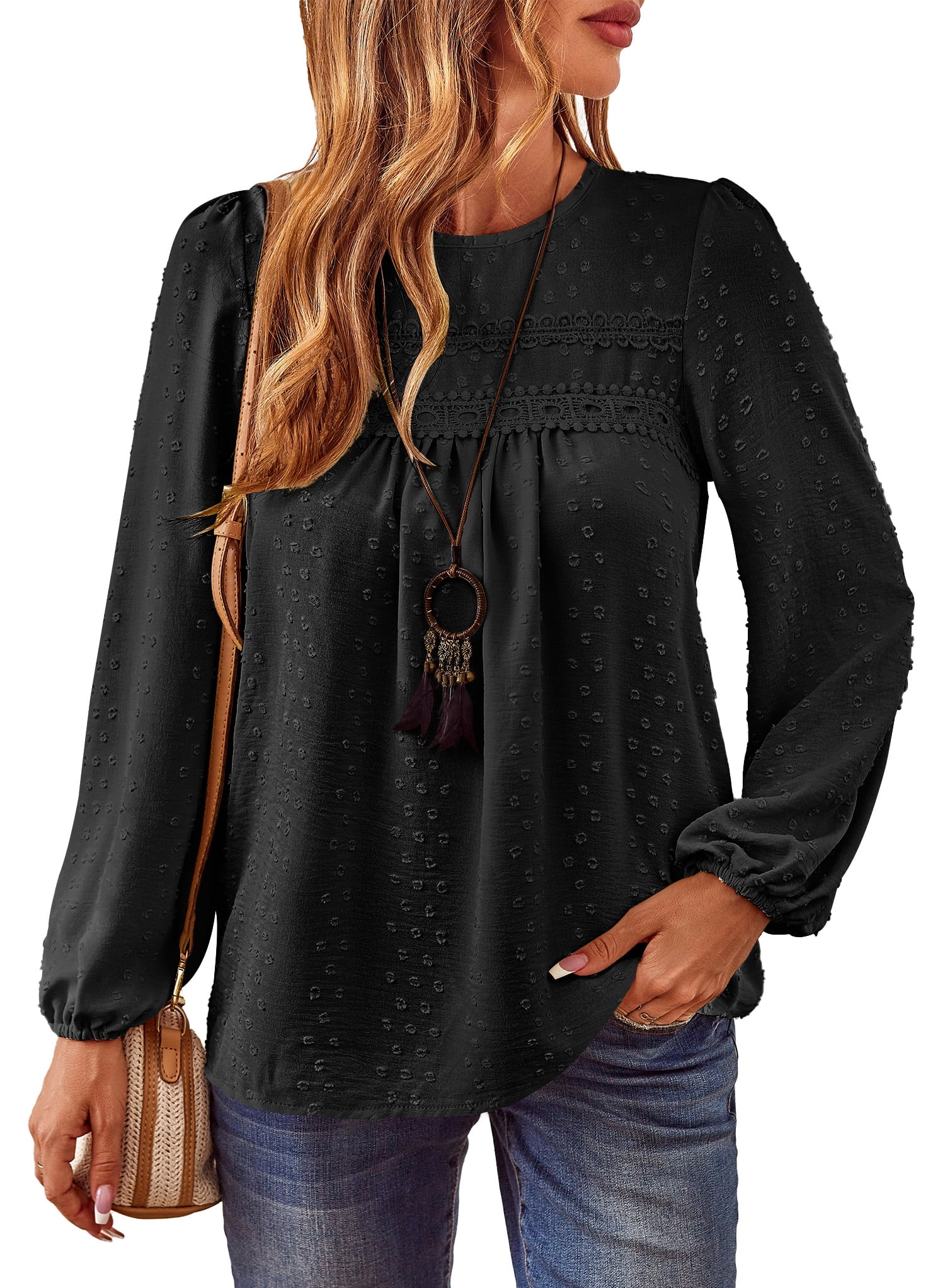 Corabera Womens Blouses Dressy Casual Crew Neck Lace Hem Basic Tee ...