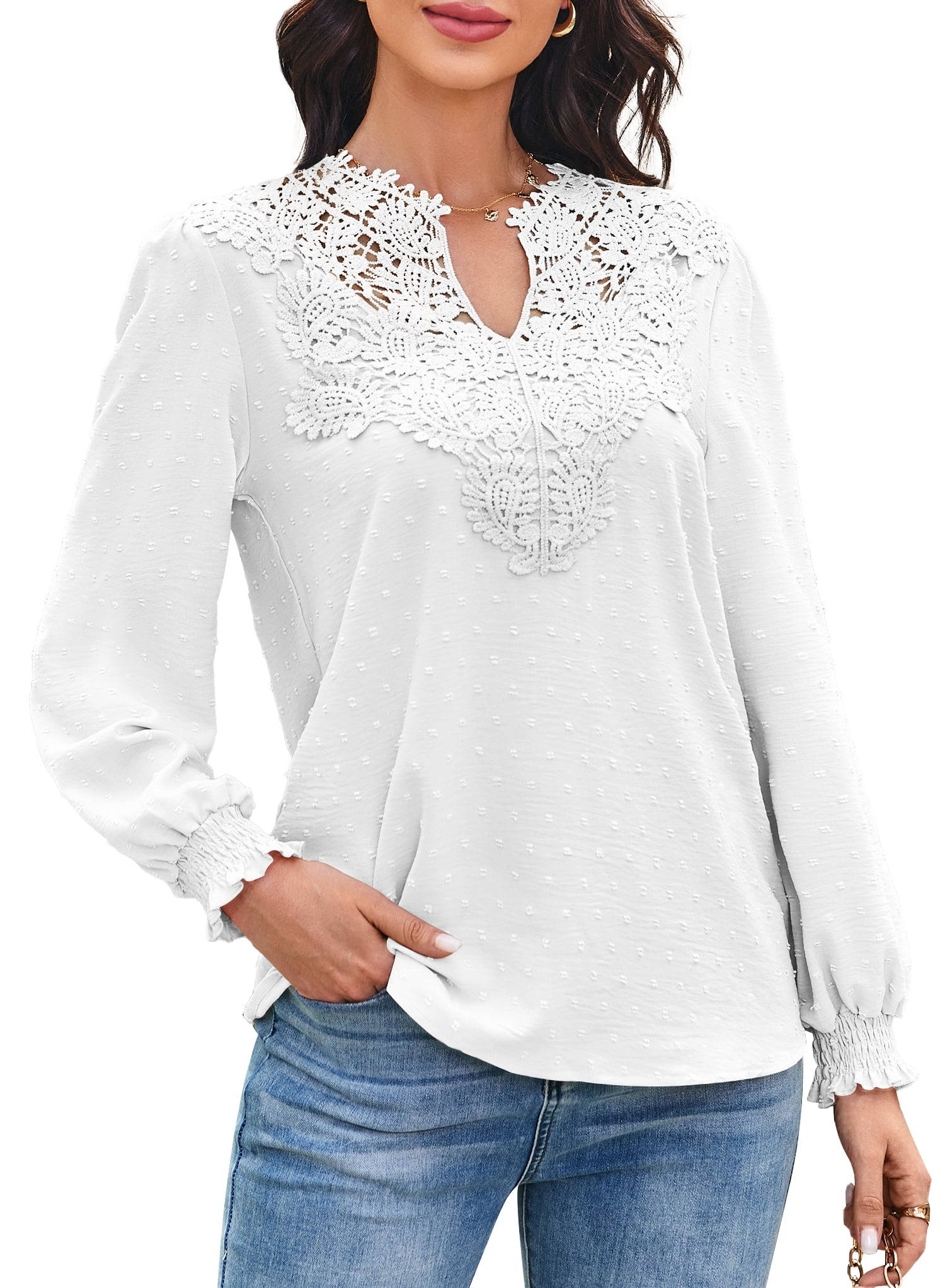 Corabera Fall Blouses for Women Dressy Casual V Neck Lace Embroidered ...