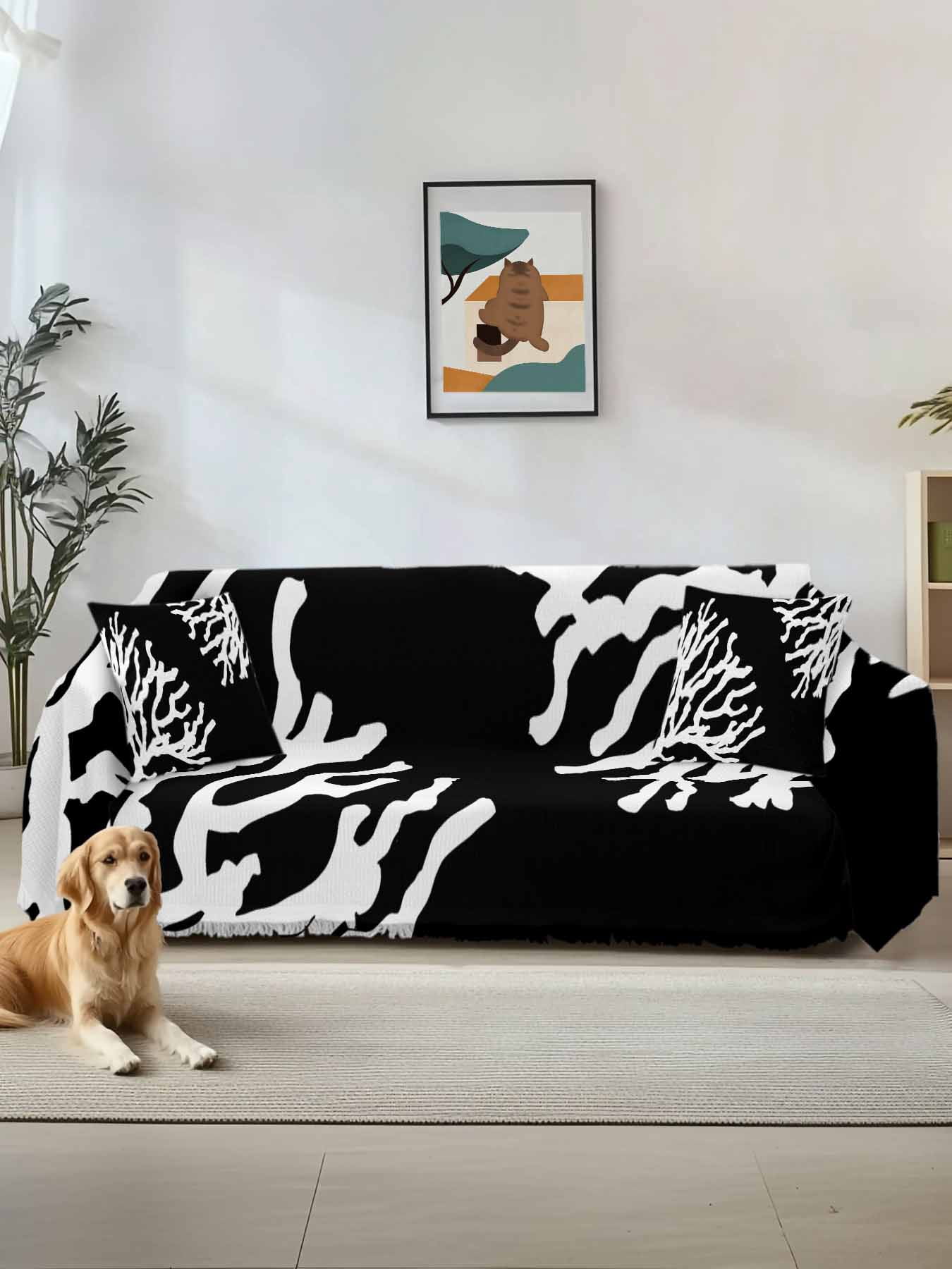 Coral Black Couch Cover, Coastal White Ocean Marine Nautical Beach Sofa ...