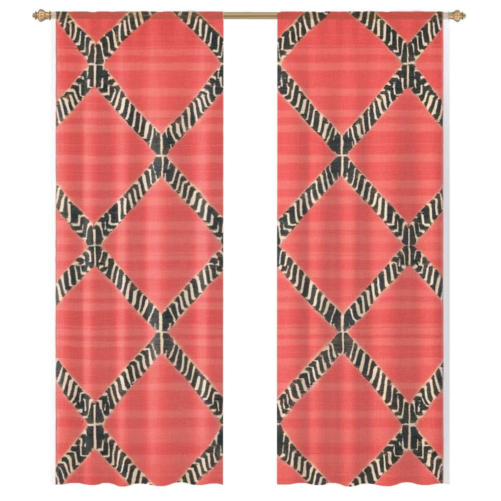 Coral Black Diamond Pattern Rug Sheer Window Curtains for Living Room ...