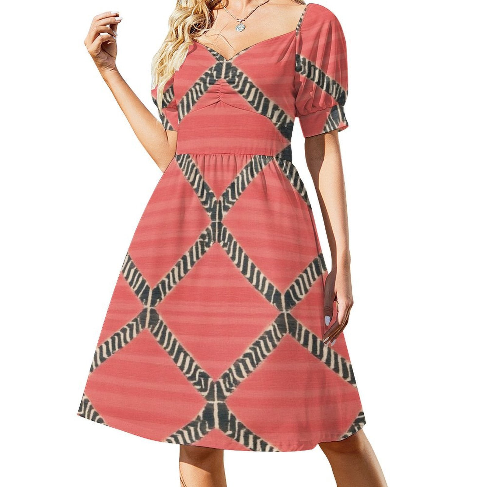 Coral Black Diamond Pattern Rug Short Sleeve Dress Clothes Women's ...
