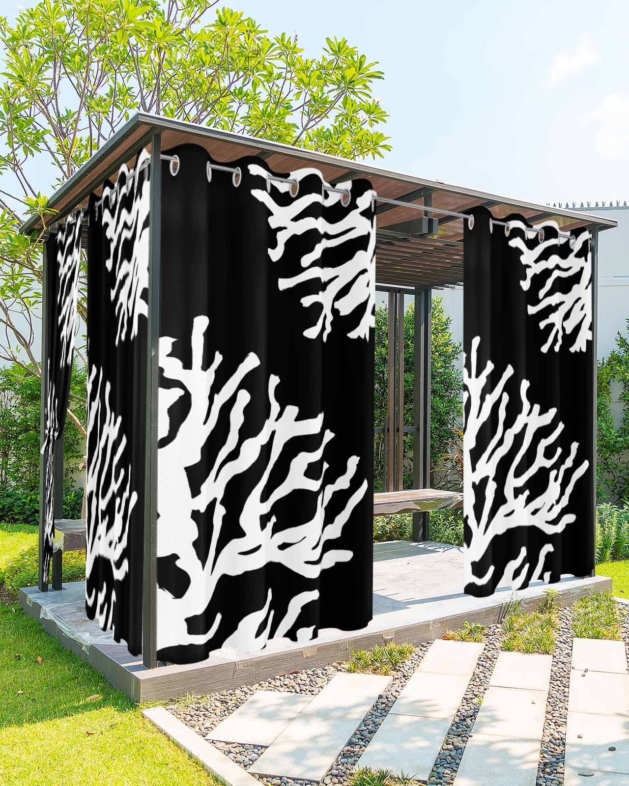 Coral Black Outdoor Curtains for Patio Waterproof,Coastal White Ocean ...