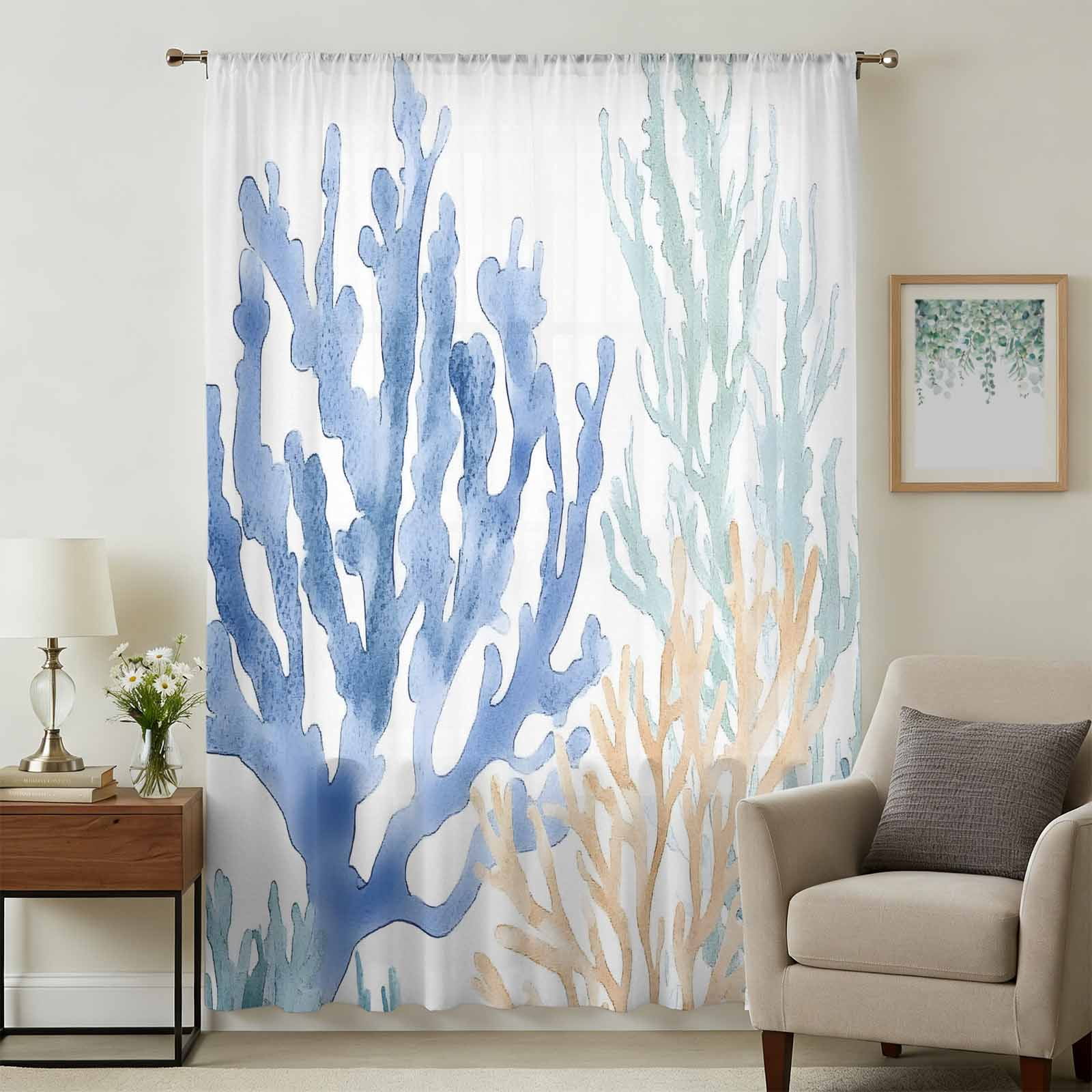 Coral Blue Green Beige Sheer Curtains 72 Inches Long, Summer Coastal ...