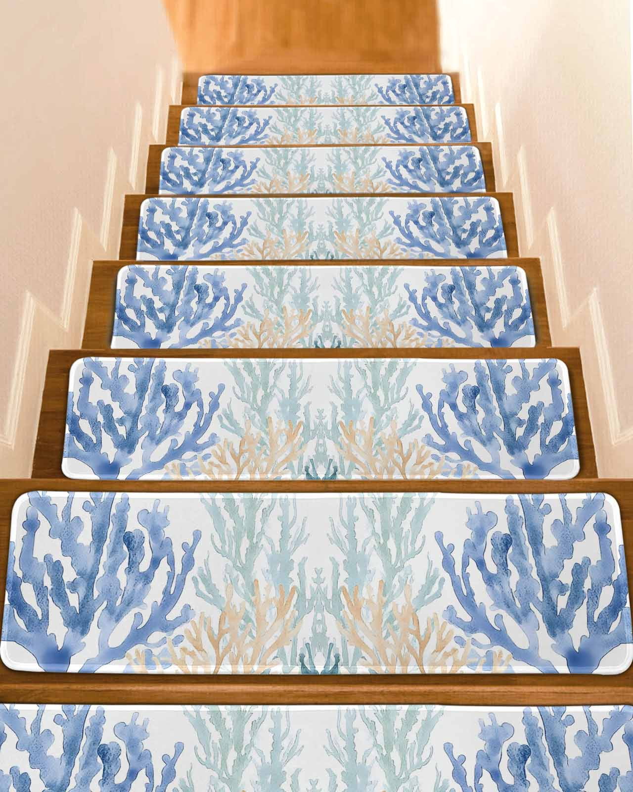 Coral Blue Green Beige Stair Treads for Wooden Steps Indoor Runner Rug ...
