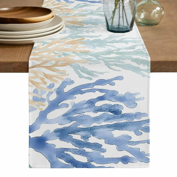 Coral Blue Green Beige Table Runner, Summer Coastal Ocean Plant Washable Cotton Linen Table ...