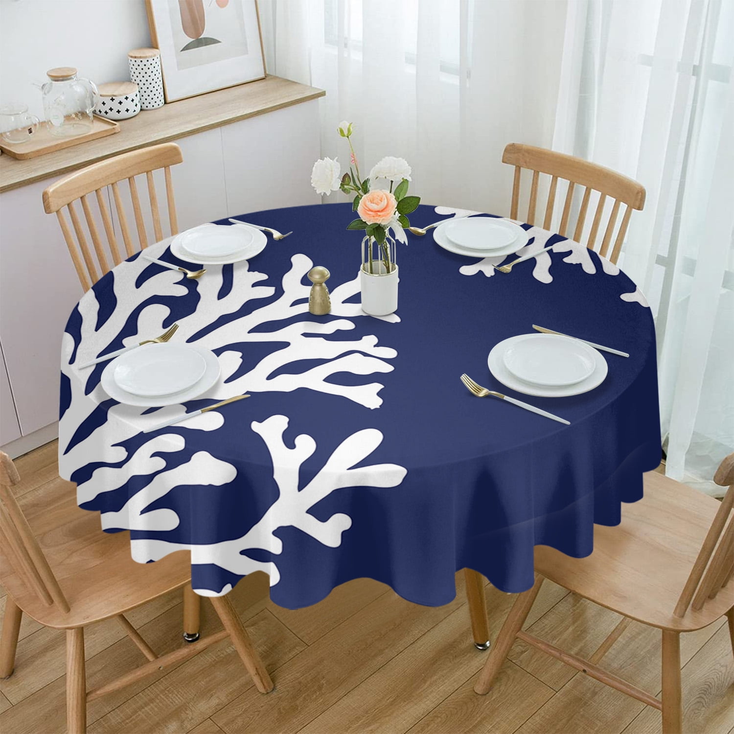 Coral Blue Round Tablecloths for Dining Table Waterproof Table Cover ...